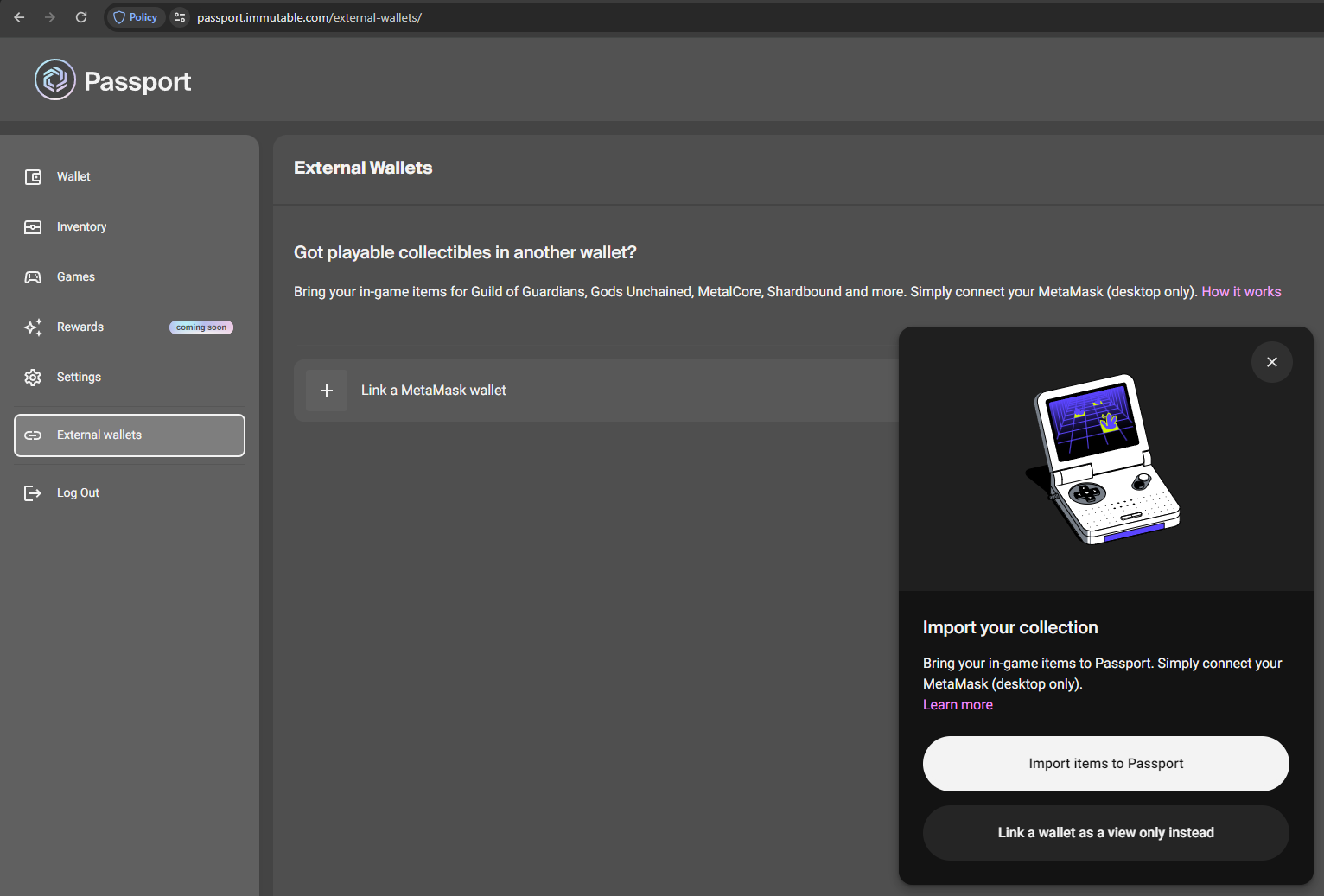 Connecting an External Wallet to Immutable Passport – Guild of Guardians
